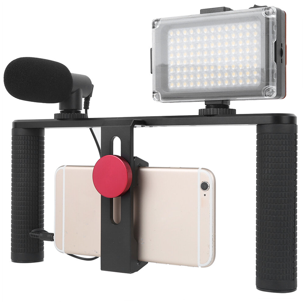 Держатель мобильного телефона с двумя руками для видеосъемки и прямых трансляций, антикоррозийный алюминиевый сплав, 40-92мм, включая микрофон и заполнение света