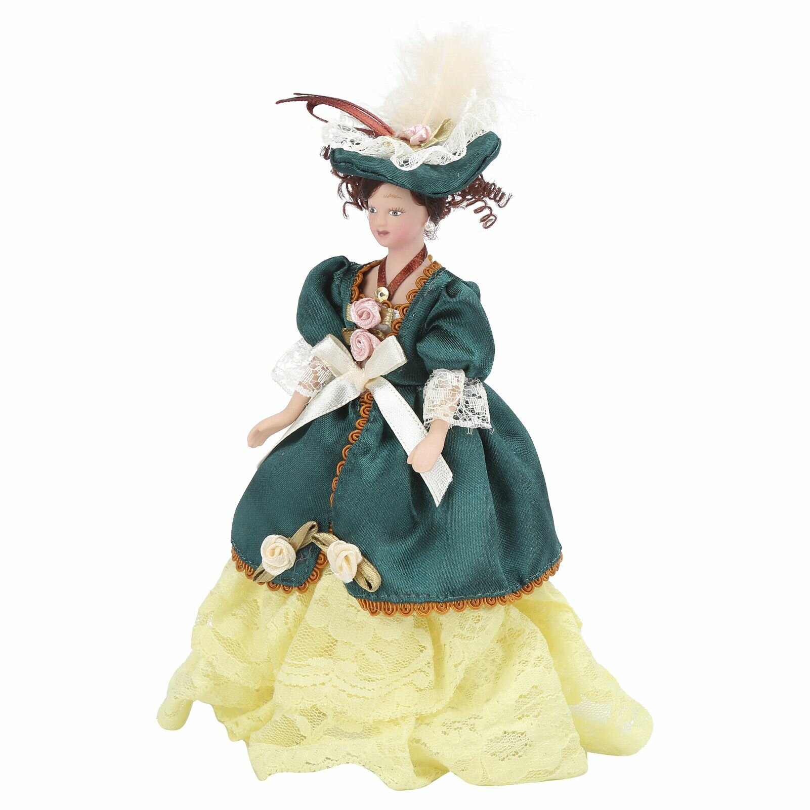 Миниатюрная фарфоровая кукла в викторианском стиле для кукольного домика 1/12, зеленое платье, 16.7 x 5.5 см
