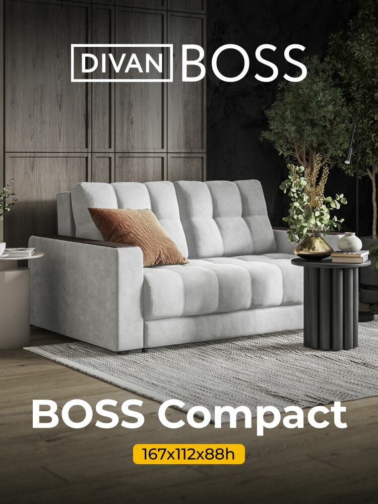 Раскладной диван BOSS Compact, выкатной easy roll, велюр Monolit сталь, 167х112х88 см