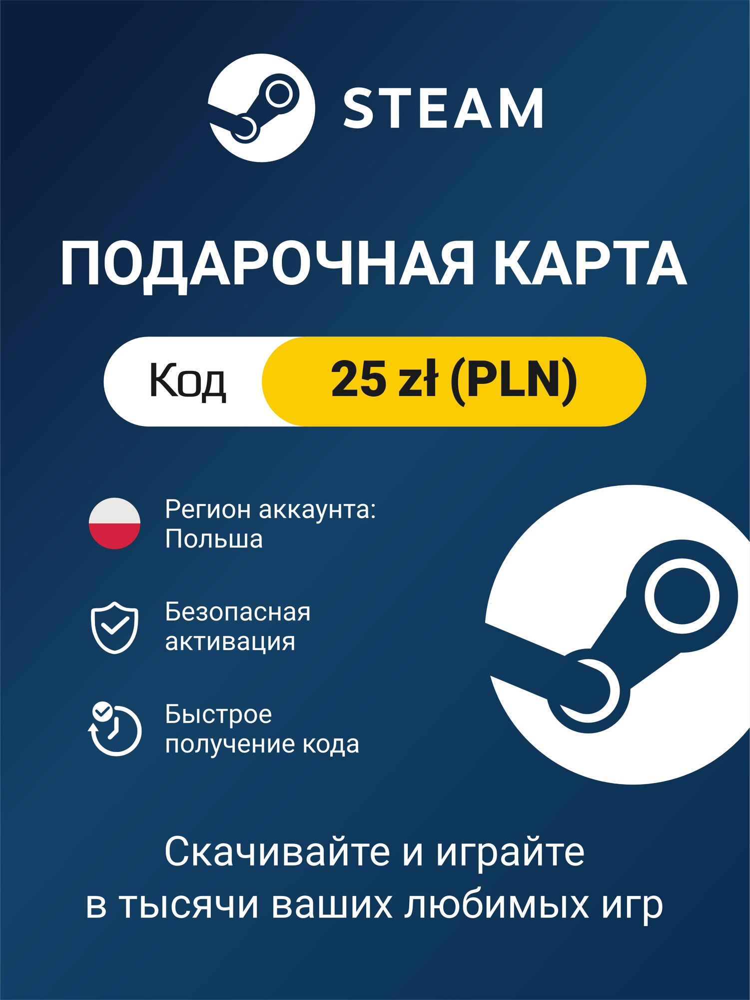 Пополнение кошелька Steam 25 PLN (регион аккаунта: Польша), цифровой код активации/подарочная карта