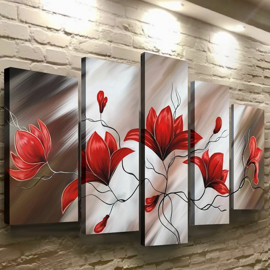Модульная картина modul007 на стену для интерьера из 5 модулей "Красные цветы на бежевом" 140х80 см декор комнаты на подрамнике