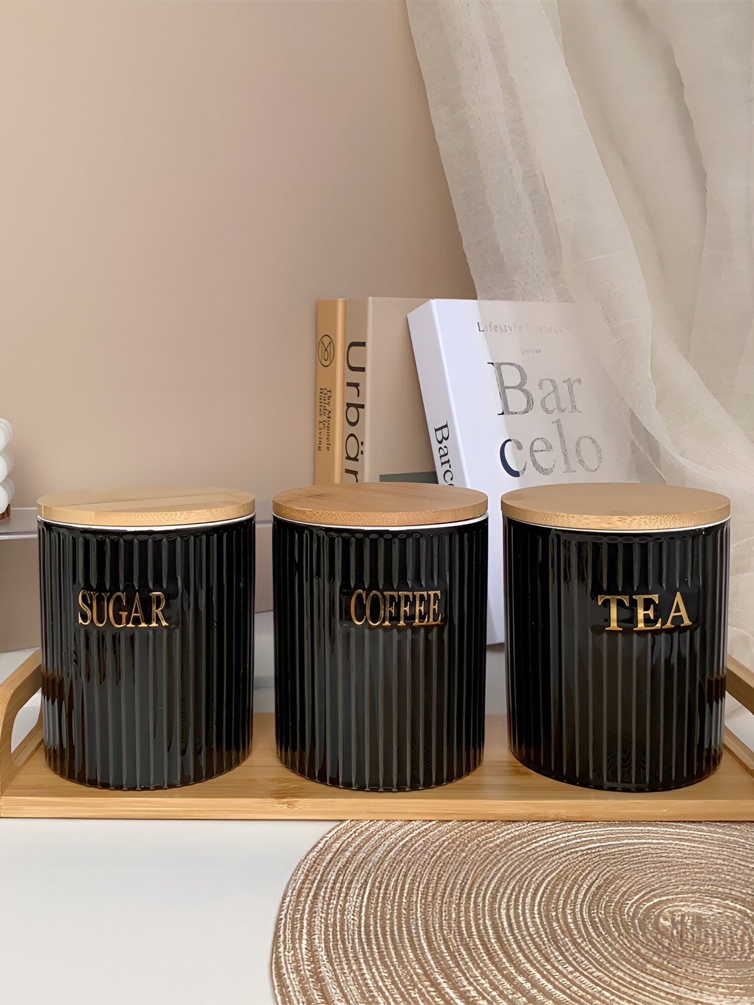 Набор банок для чая, кофе, сахара, 3 шт, объем 650 мл, цвет черный