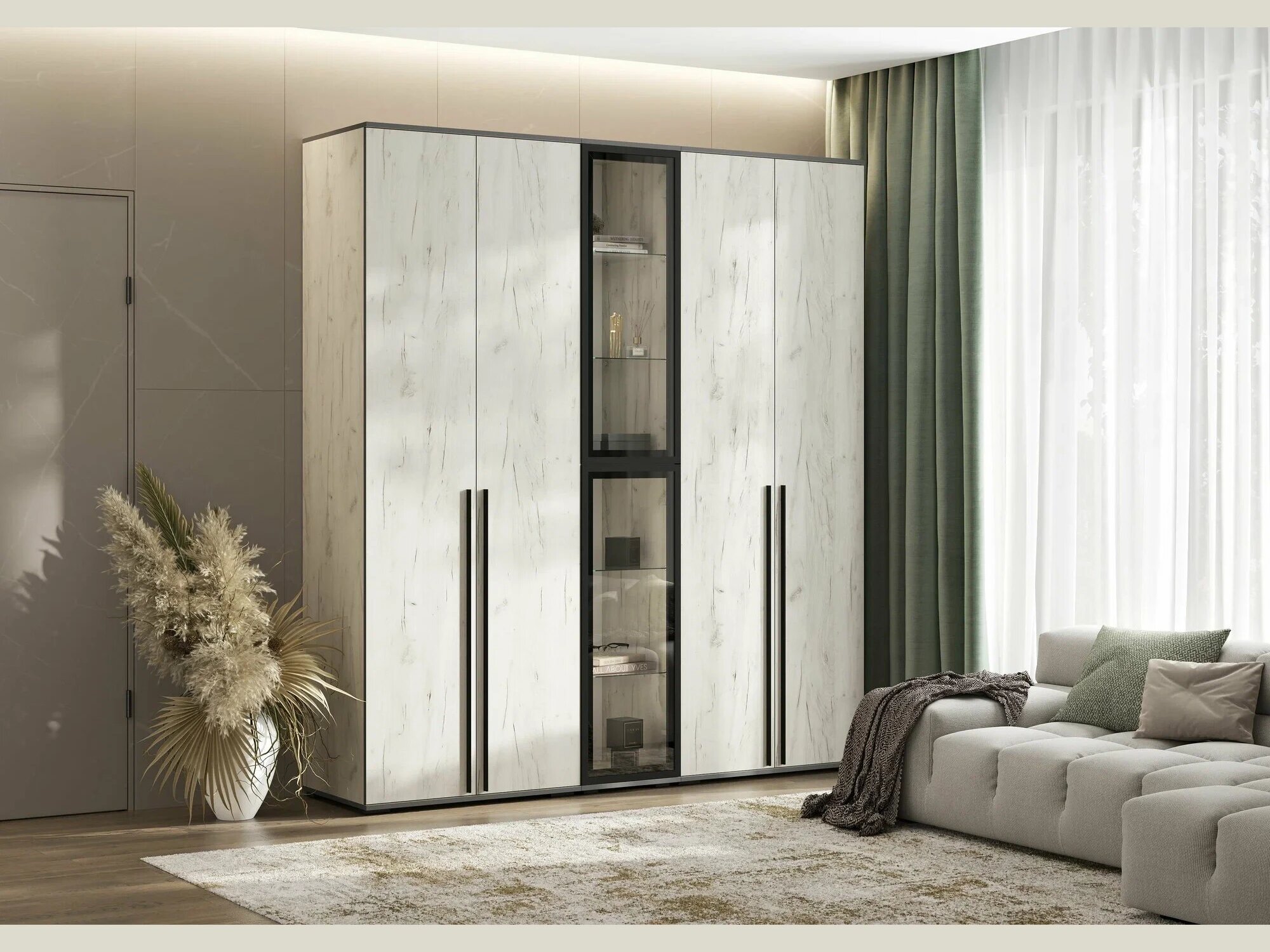 Комплект из двух двухдверных шкафов и пенала со стеклом, ЛДСП, с подсветкой, крафт белый