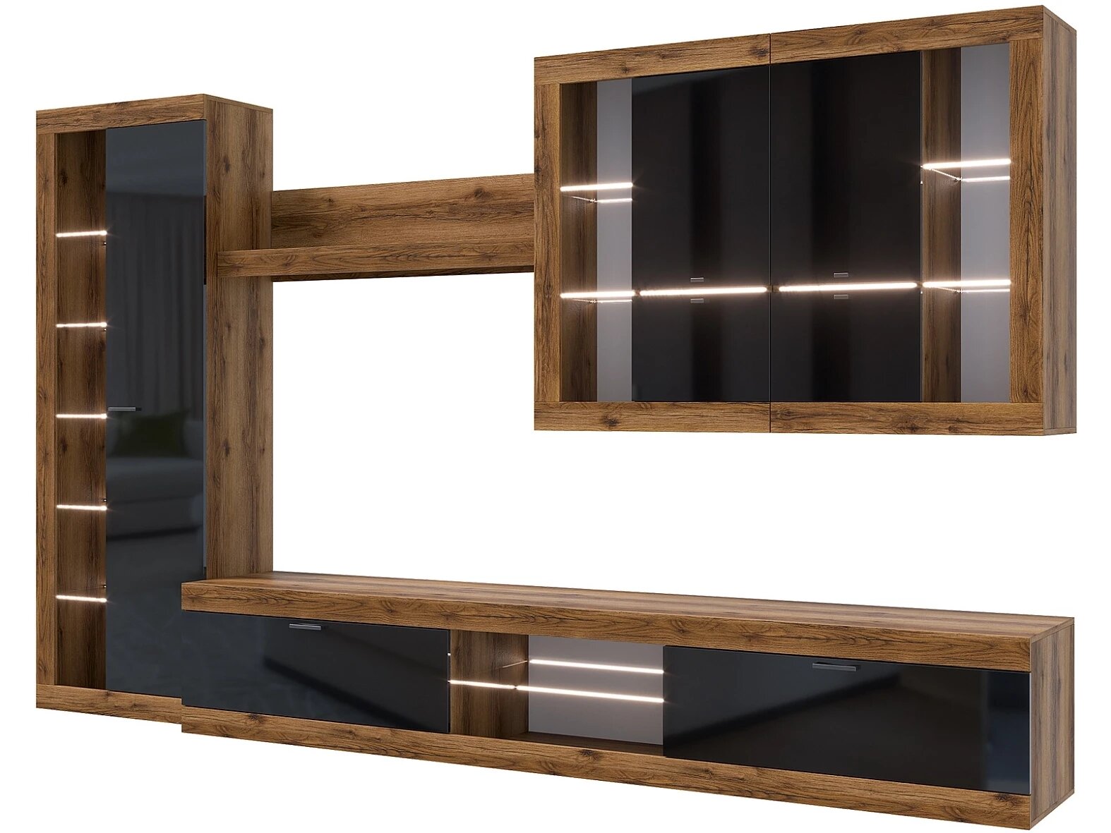 Модульная Гостиная, вариант №2, с подсветкой, Дуб Делано/Черный глянец