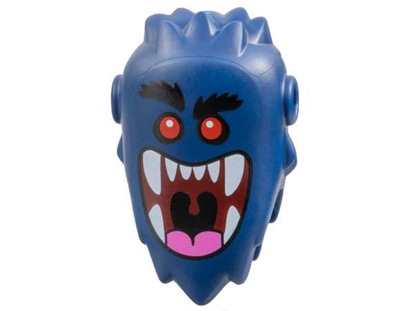 Minifigure, Head, Modified, Bogeyman with Pin Holes with Black Bushy Eyebrows, Red Eyes, Dark Red Large Open Mouth with Dark Pink Tongue and White Teeth Pattern, 6846pb01 Dark Blue N