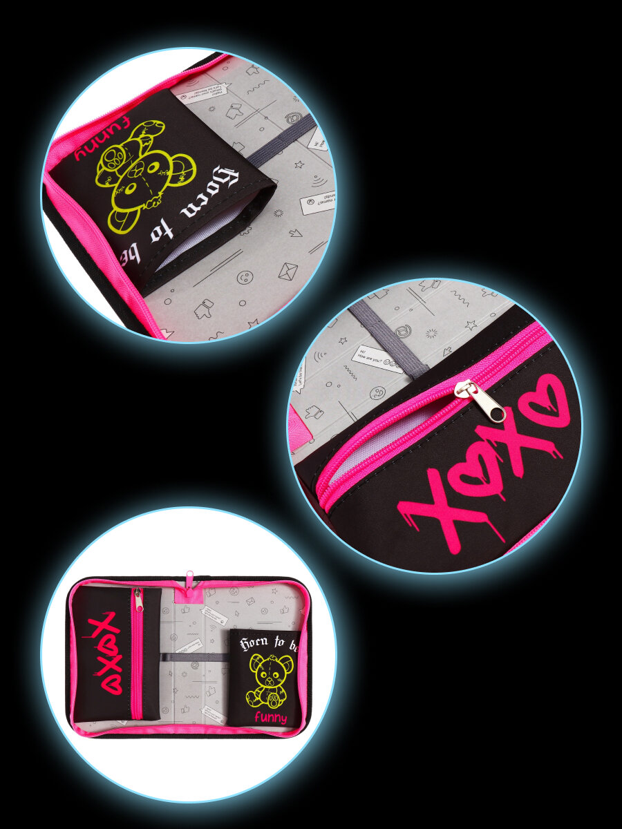 Пенал 1 секция 140 х 210 х 40 мм, откидной карман и косметичка, тканевый, Calligrata TOP Content "Медведь"