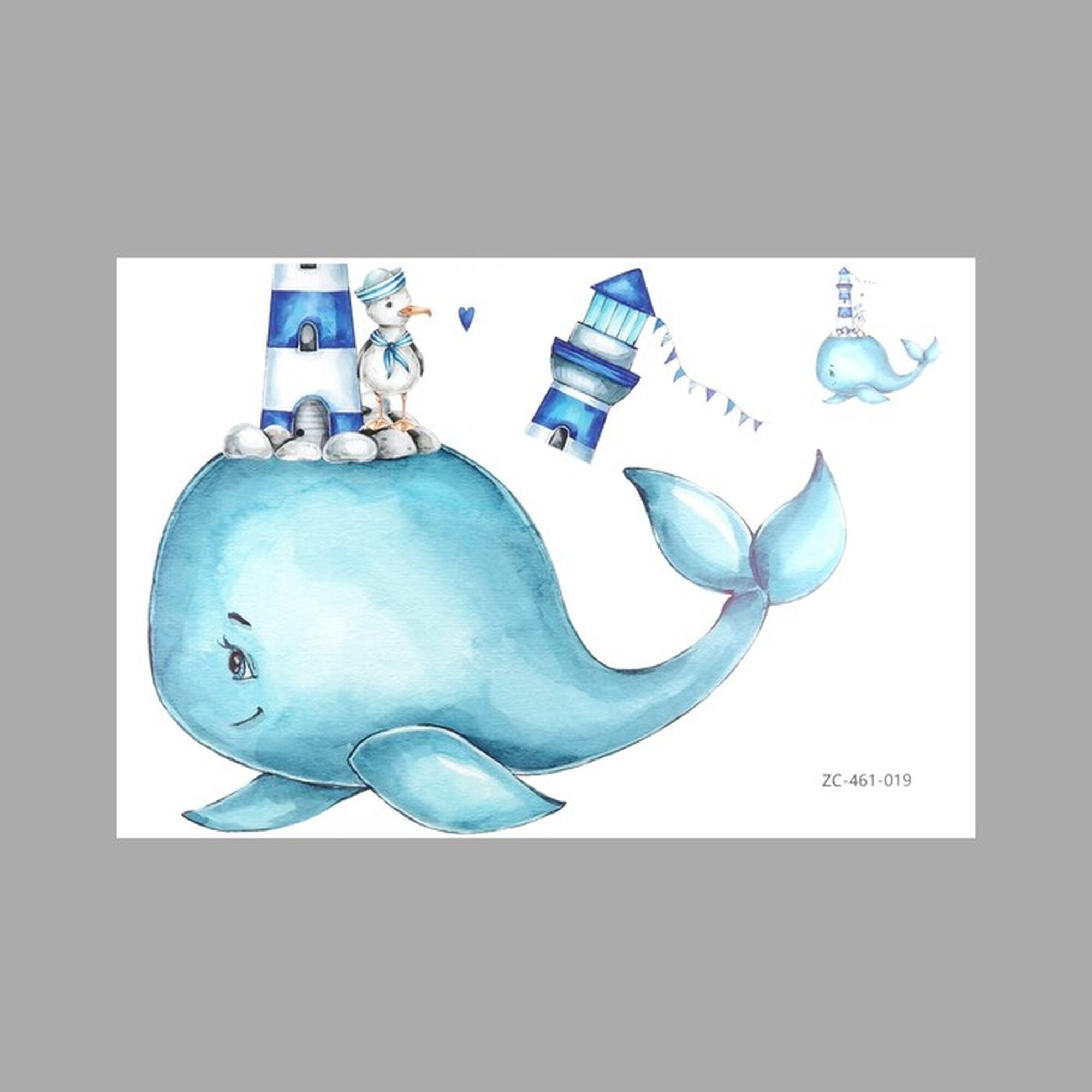 Наклейка пластик интерьерная цветная "Кит с маяком и чайкой" 40х60 см