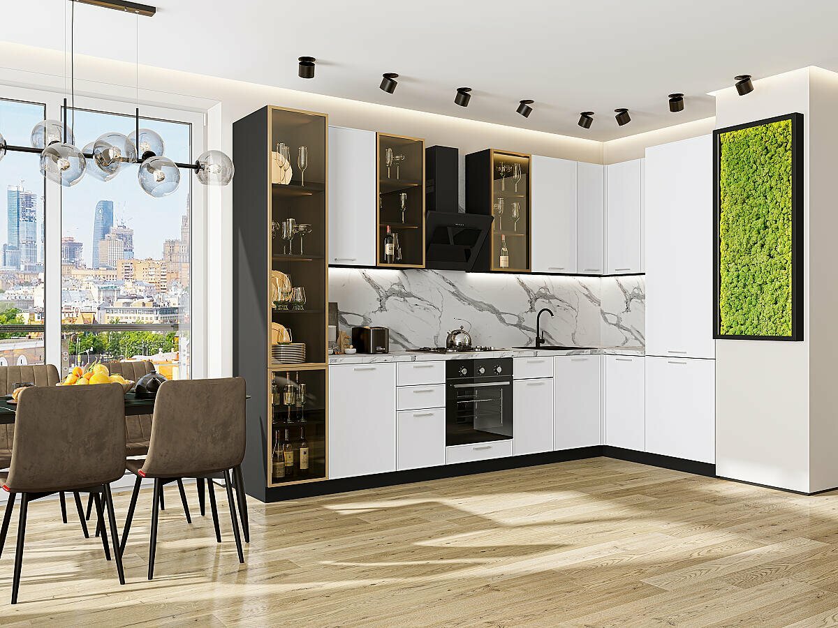 Кухня Квадро-04, цвет фасада Белый, цвет каркаса Graphite, 2340*3400/1600*600 мм