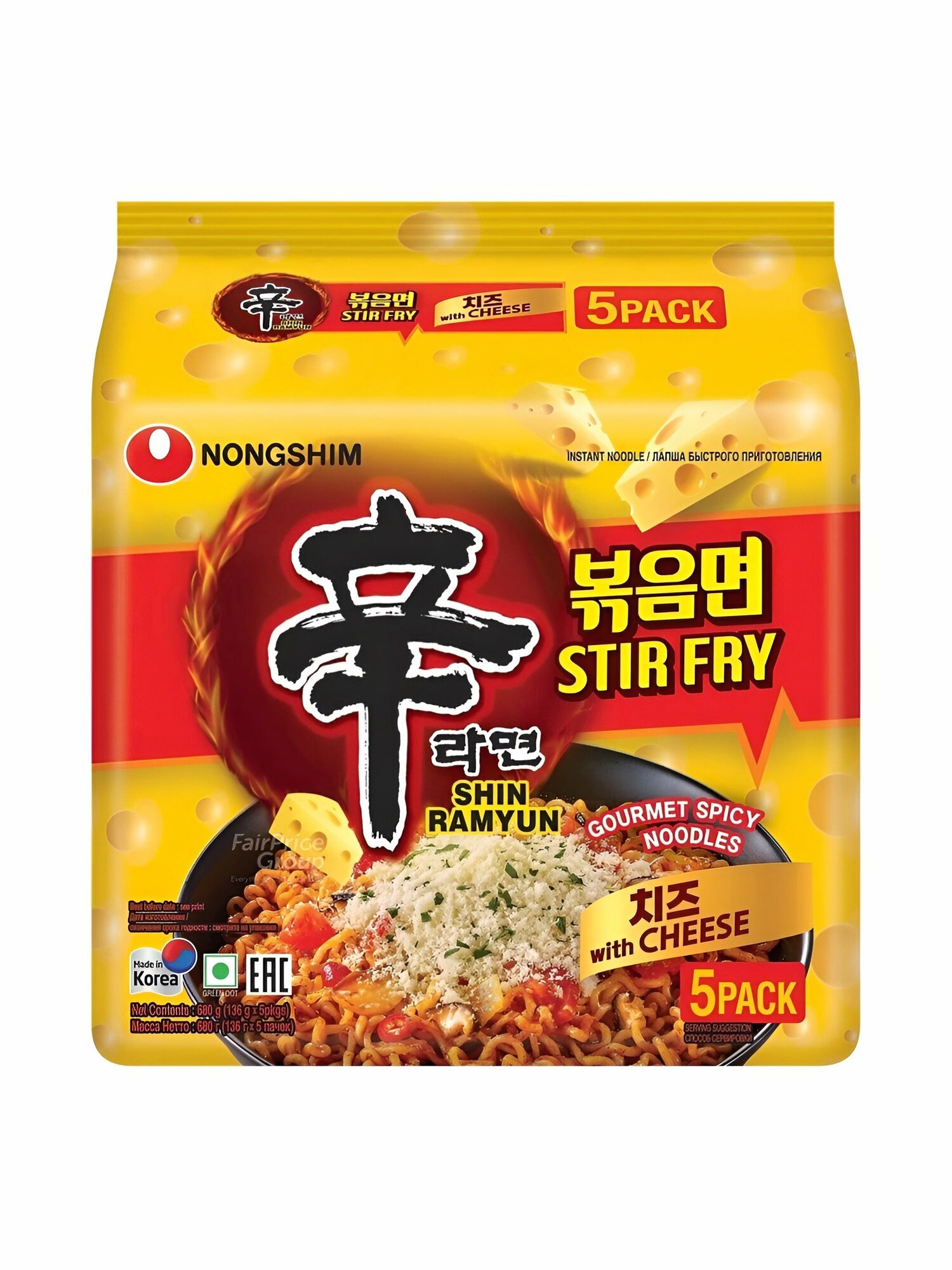 Shin Ramyun Nongshim Stir fry со вкусом сыра, корейская лапша быстрого приготовления, 5 шт/136гр