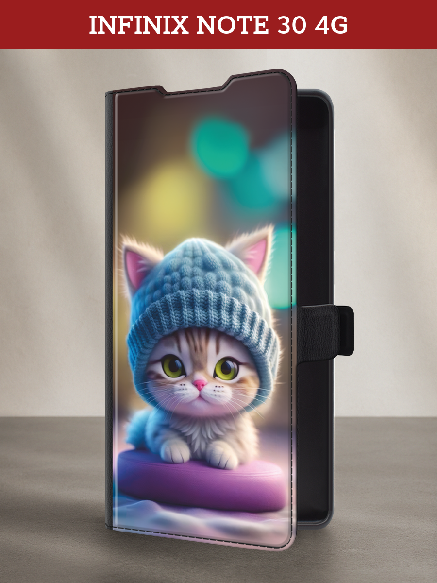 Чехол-книжка на Infinix Note 30 4G / Инфиникс Ноте 30 4G с принтом Котик в голубой шапочке, черный