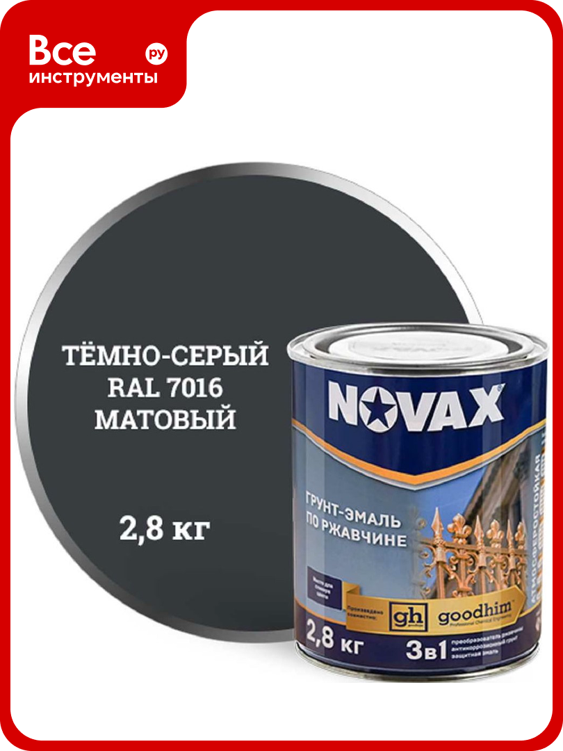 Грунт-эмаль по металлу Goodhim 3в1 novax темно-серый RAL 7016 матовая, 3 л. 2,8кг 11035