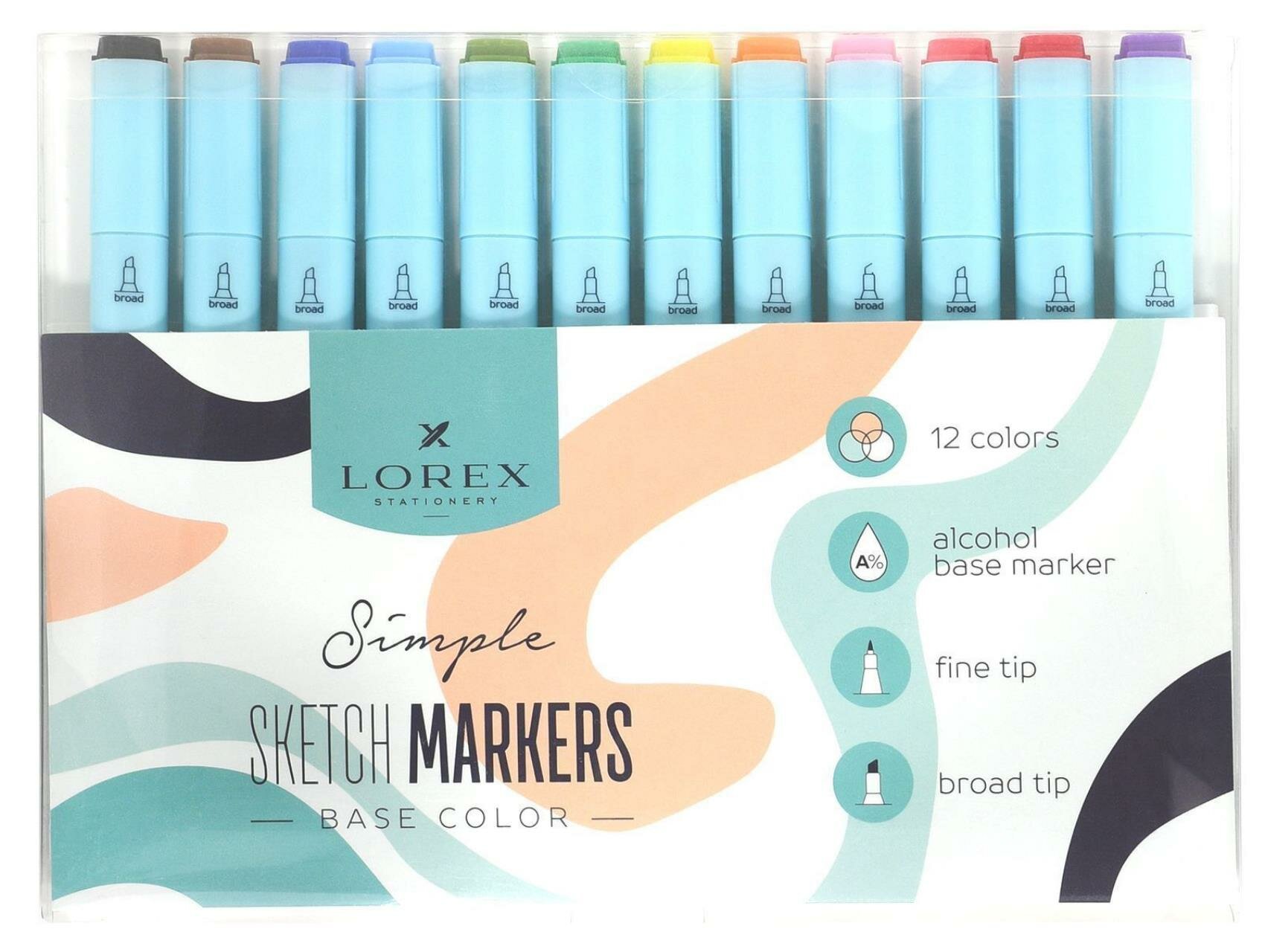 Набор маркеров для скетчинга LOREX BASE COLOR SIMPLE скошенный пулевидный 12 шт