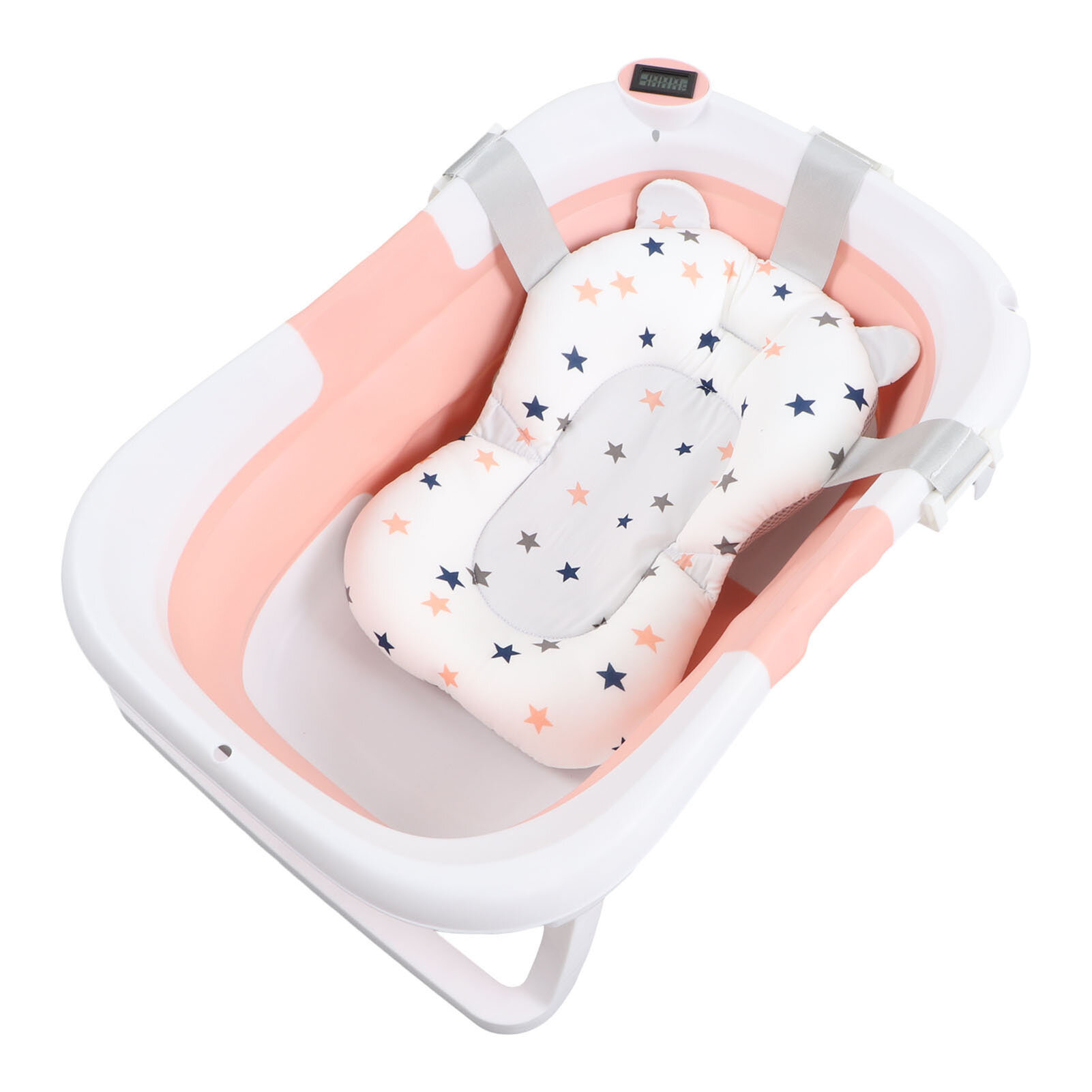 Детская ванночка с противоскользящей подушкой, термометром и сливным отверстием, складная ванночка для младенцев, розовая.