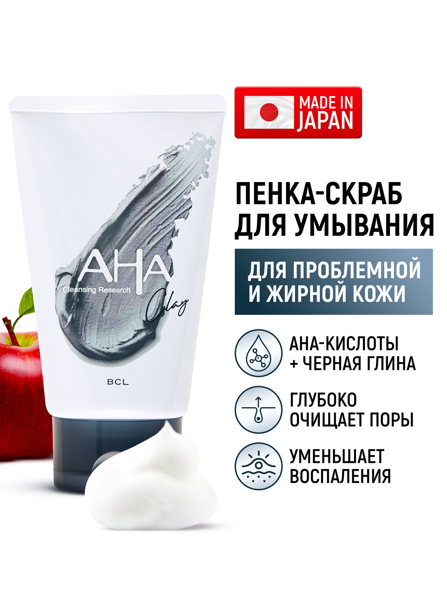 AHA Black пенка-скраб для умывания 3-в-1 с фруктовыми кислотами и черной глиной, 120 г