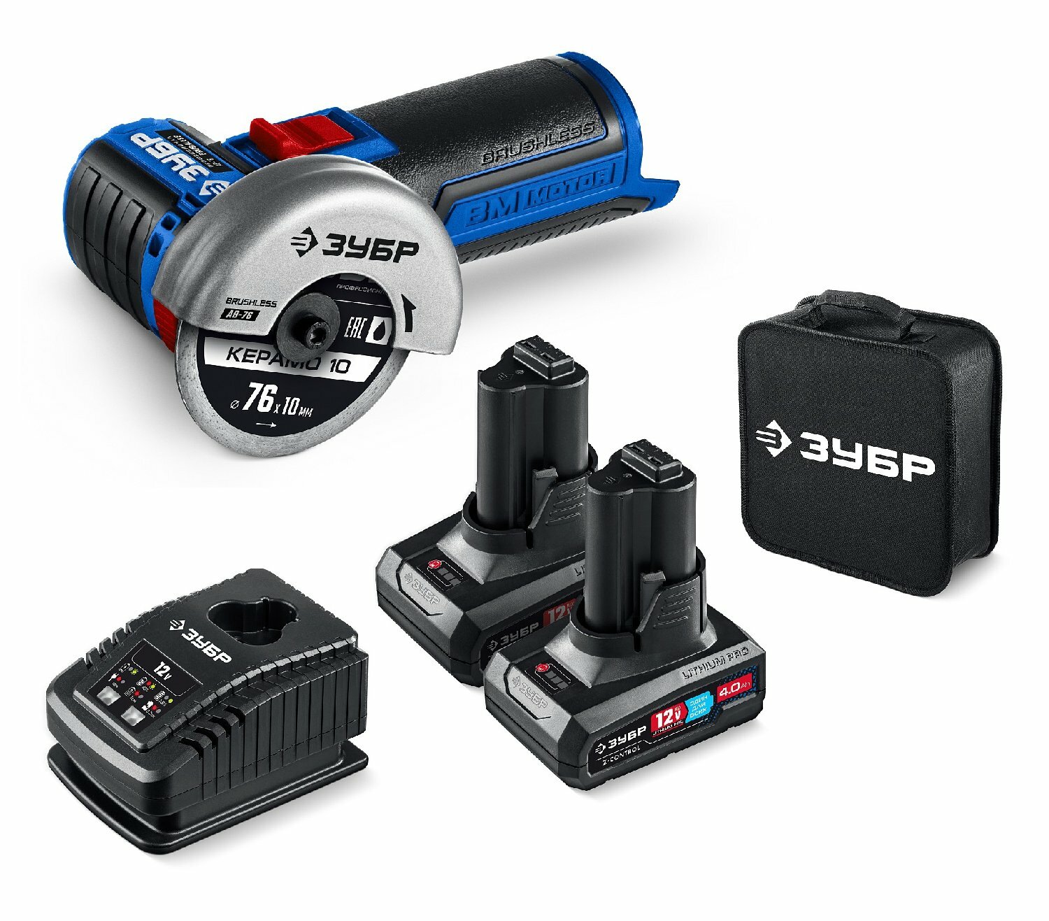 Аккумуляторная бесщеточная углошлифовальная машина ЗУБР Профессионал 12 В 20000 об/мин диаметр диска 76 мм 2 аккумулятора 4 А·ч сумка