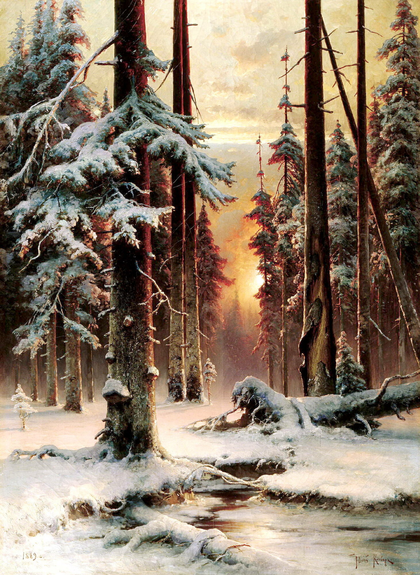 Картина Юлия Клевера "Зимний закат в еловом лесу" 58х80 см