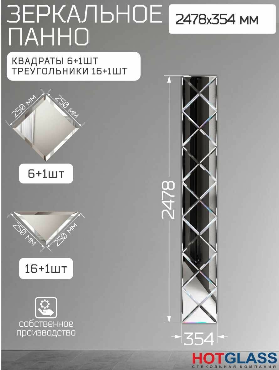 Зеркальное панно на стену 248 х 35 см, зеркальная плитка 25 см с фацетом HOTGLASS
