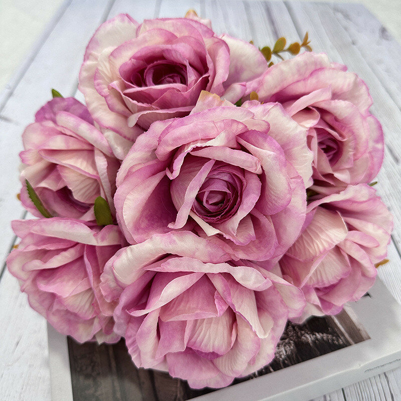 Seven head coral autumn colored rose flowers for hotel window decoration and photography, pink