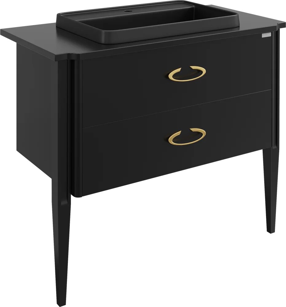 Тумба с раковиной STWORKI Luna подвесная, 101 см, черная, матовая, из МДФ, с ящиками, раковина для ванной фаянсовая, прямоугольная