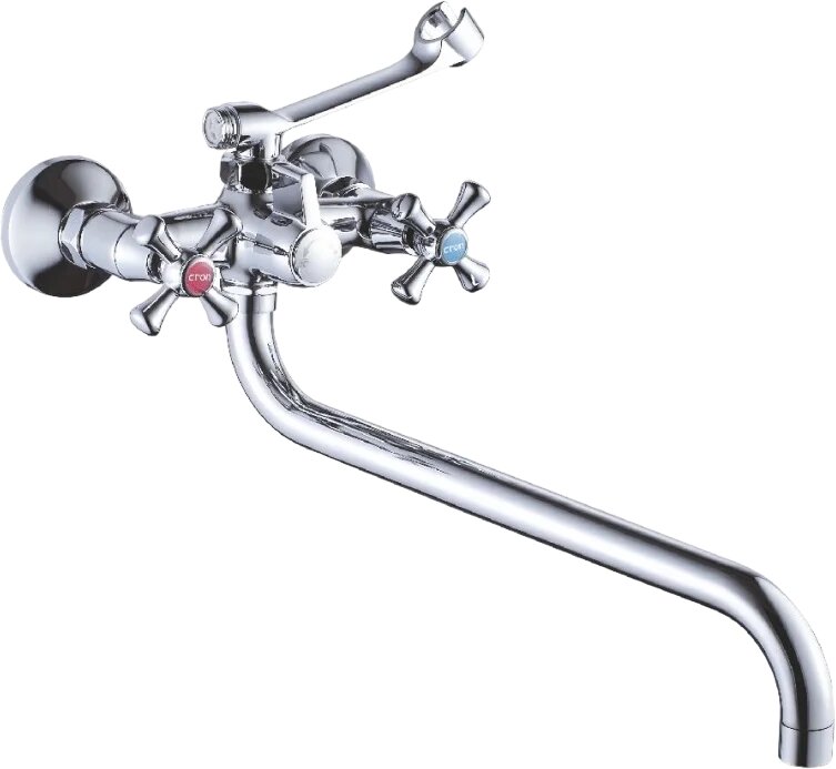 Смеситель с длинным изливом для ванны Cron CN42 CN2642-2 с душевым гарнитуром, поворотный, металлический, хром, глянцевый, смеситель для ванны с душем, вентильный