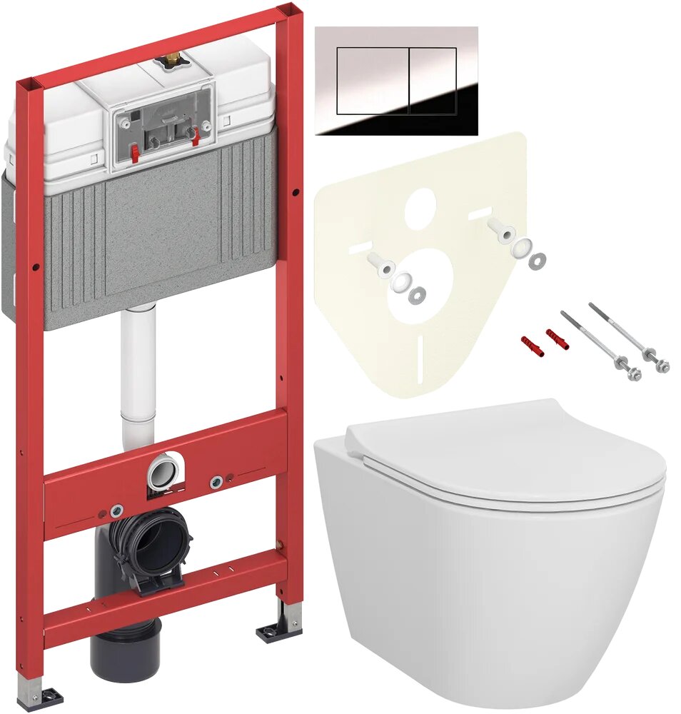Комплект 3 в 1 Унитаз подвесной VitrA Sanibelle 7551B003-0075, безободковый / Сиденье 801-003-019, с микролифтом / Инсталляция с кнопкой TECE Now 9400412 цвет хром