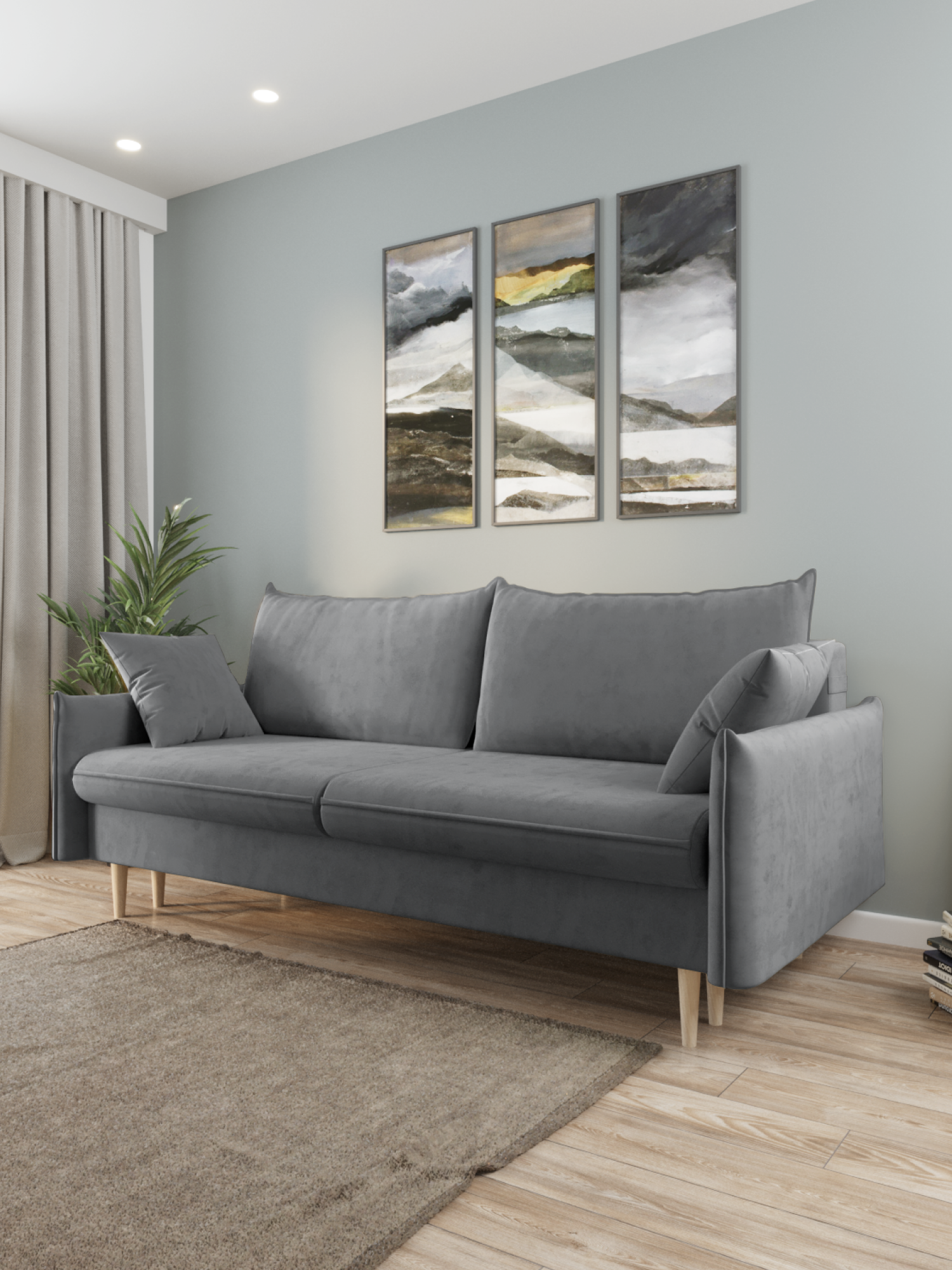 Диван-кровать Фьорд серый, механизм Тик-так, 212х96х80 см. Спальное место 147х198 см