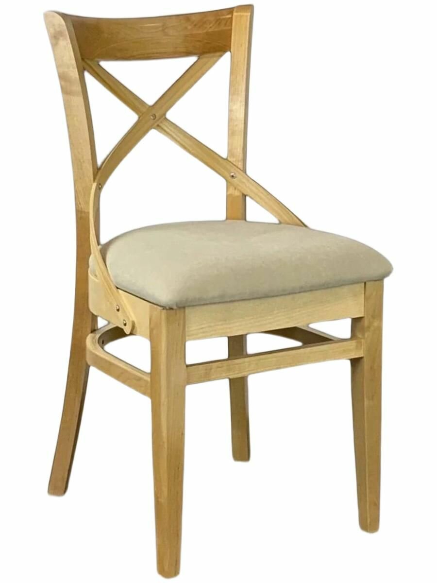 Стул для кухни и гостиной HAUTEVILLE. Деревянный, тонировка Дуб Светлый, с мягким сидением в обивке микровелюр Бренди 3 Крем.