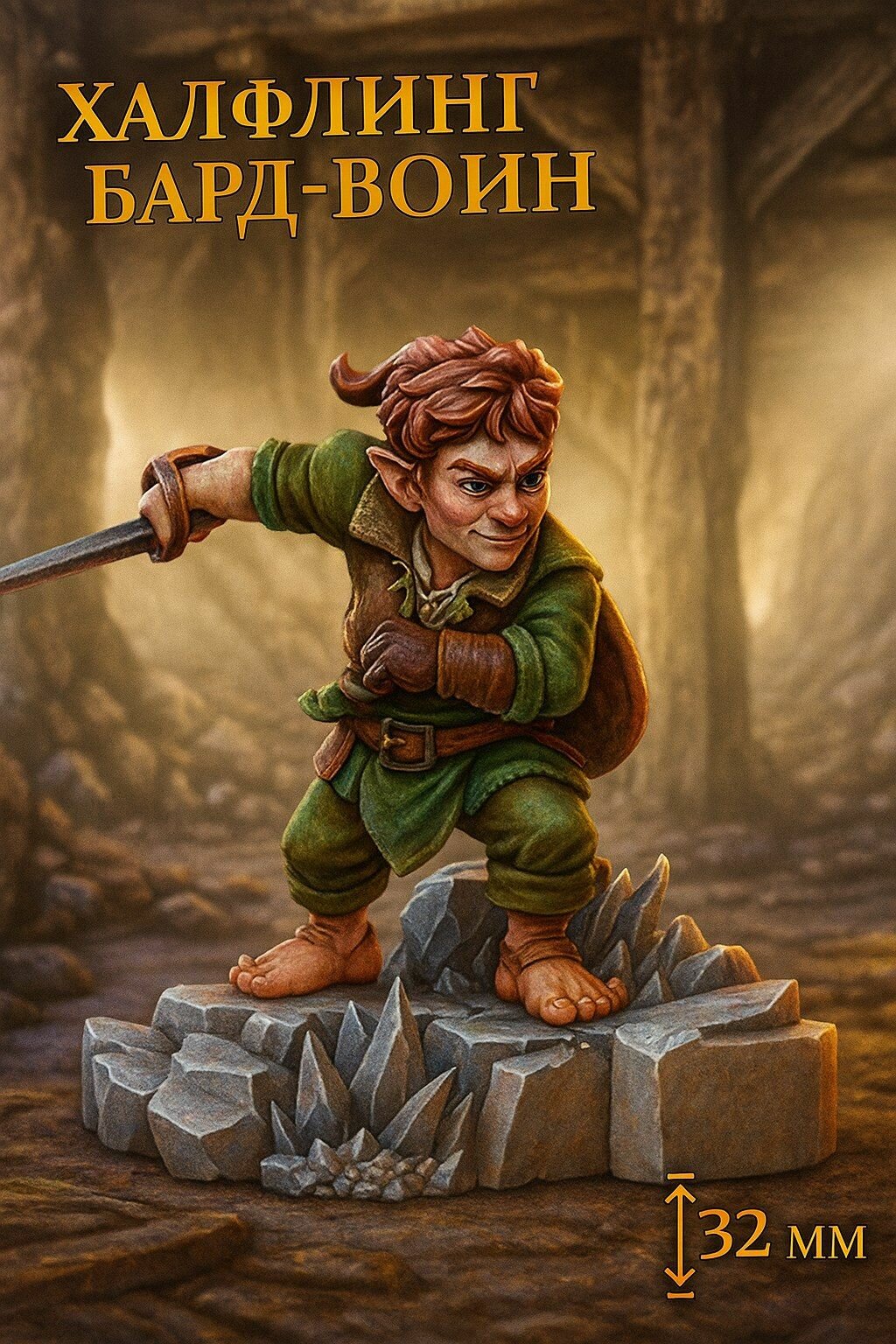 Халфлинг Бард-воин (32 мм) Полурослик, хоббит гном. Вор ассасин, разбойник плут, бандит миниатюра для DnD (ДнД) и других Настольных игр (НРИ, Варгеймов или РПГ), фентези тематика