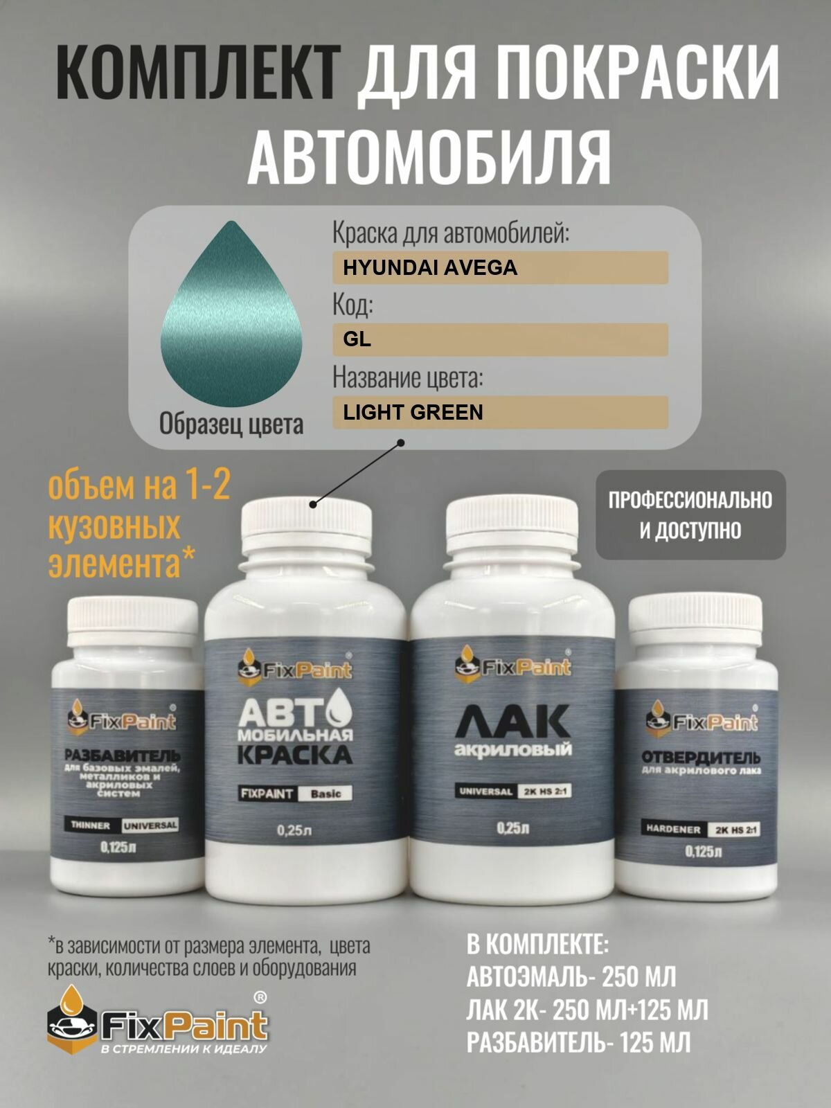 Комплект для покраски HYUNDAI AVEGA, код GL, LIGHT GREEN, базовая автомобильная эмаль 250 мл, лак 2K 250 мл с отвердителем, разбавитель 125 мл, FixPaint Pro