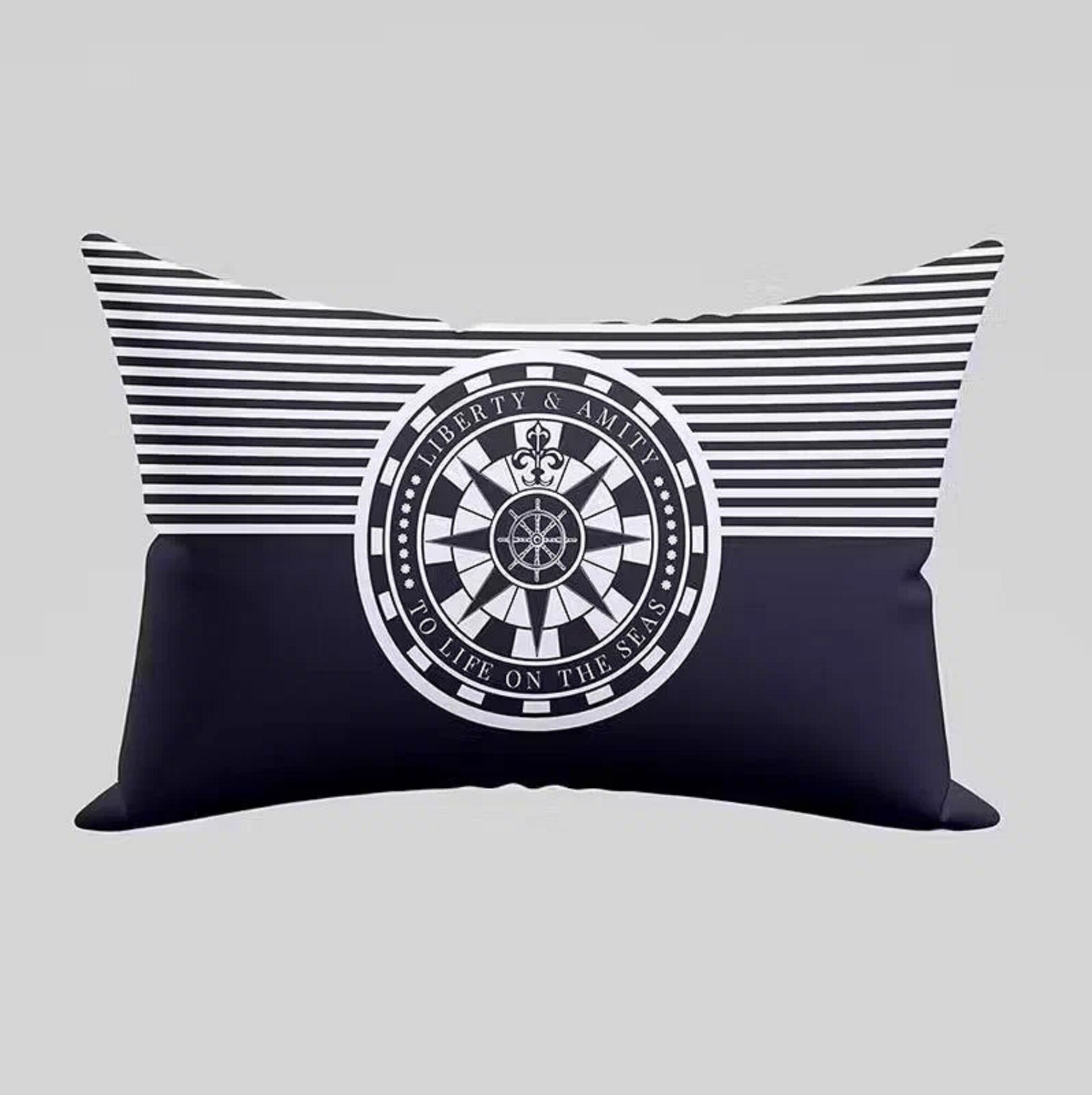 Подушка декоративная Компас сине-белые горизонтальные полоски 30х50 велюр