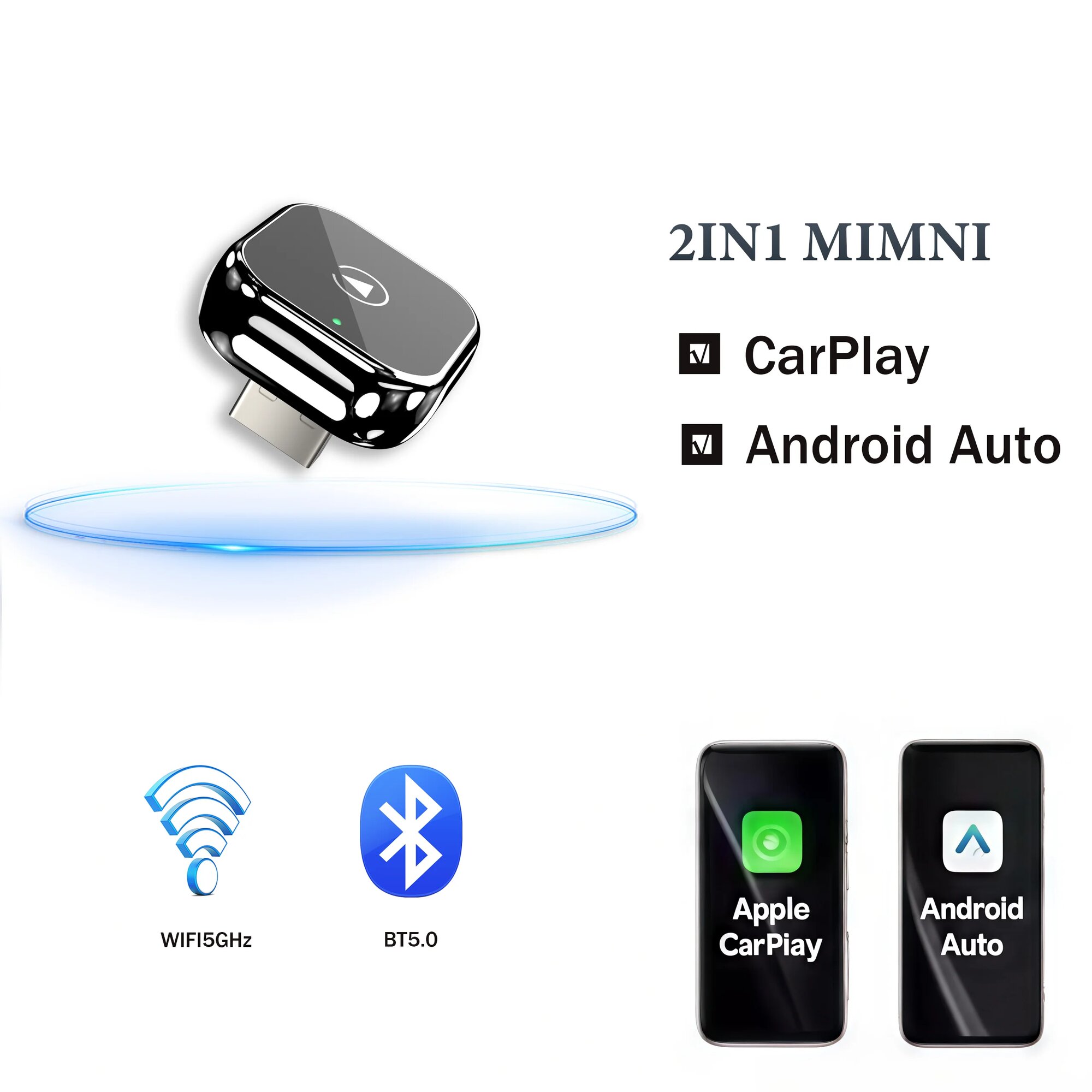 Умный Беспроводной Адаптер CarPlay 2-в-1 С Поддержкой Android Auto, Wi-Fi 5G, Совместимый С iPhone, Android, Volvo, Mercedes-.