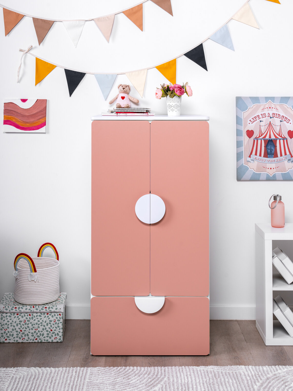 Распашной шкаф ГУД лакк Пикси, с полкой и выдвижным ящиком 60х57х120, розовый