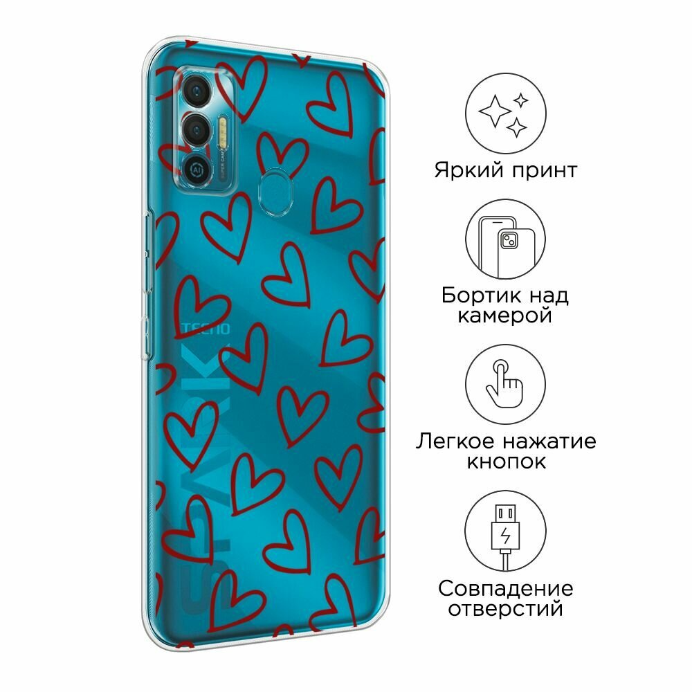 Чехол на Tecno Spark 7 / Техно Спарк 7 с принтом "Little hearts doodles 2 - 14 февраля", прозрачный — фото 1
