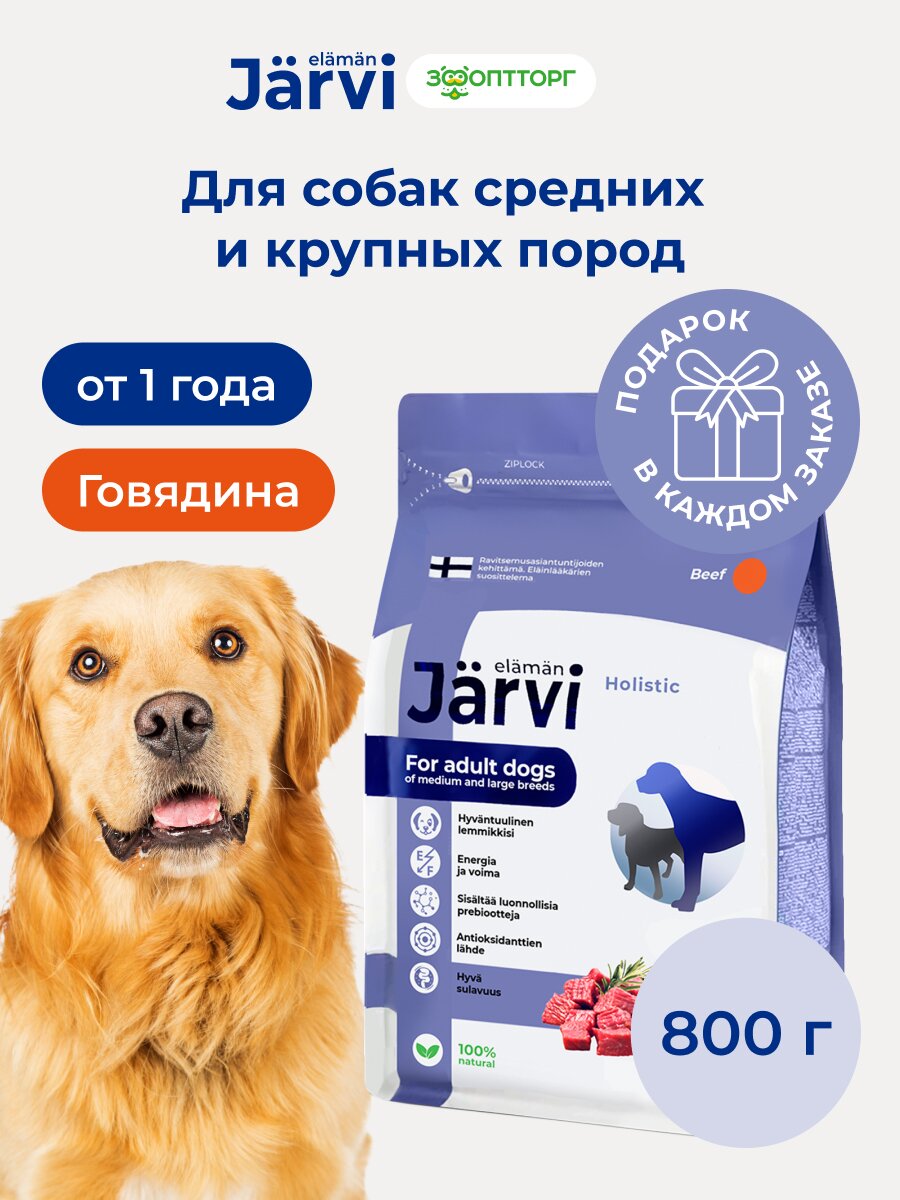 Сухой корм Jarvi полнорационный для взрослых собак средних и крупных пород с говядиной, 800 г