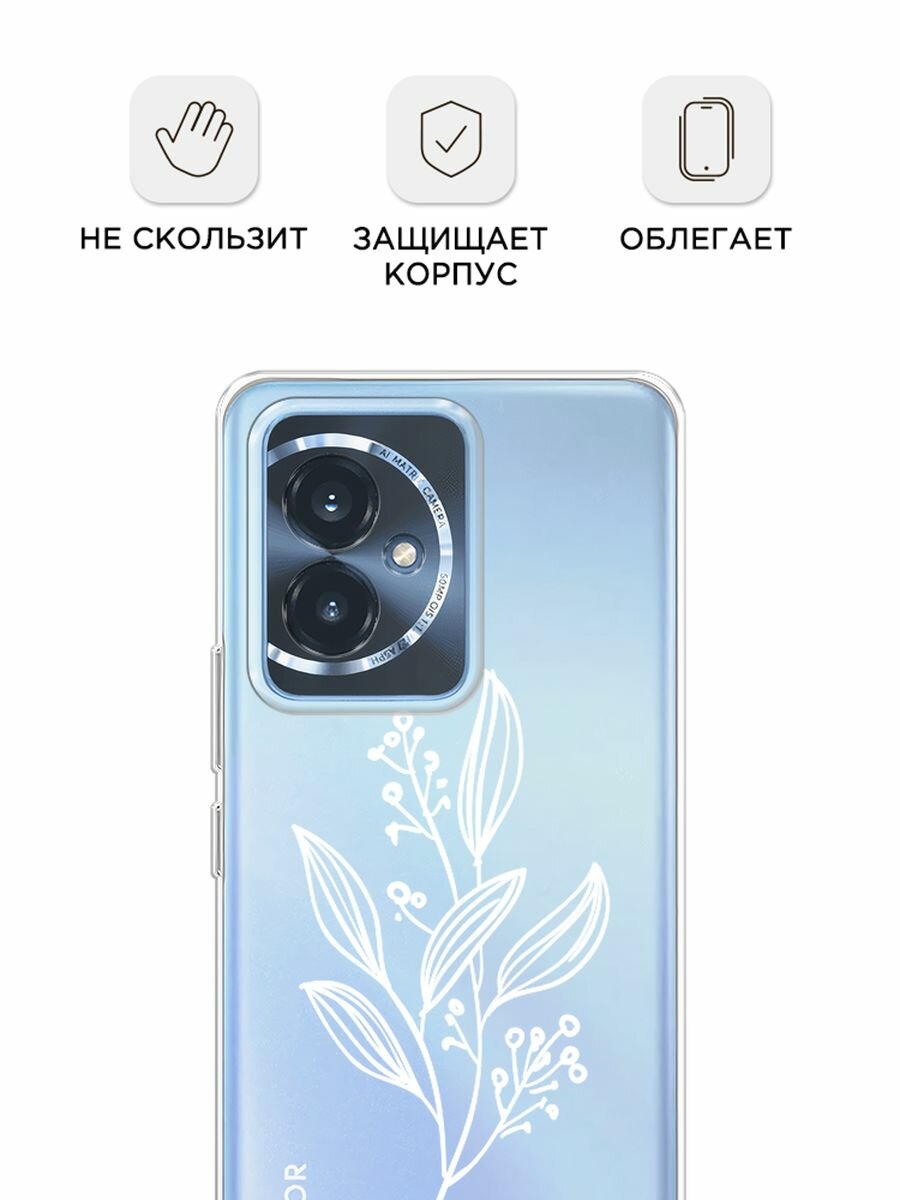 Чехол на Honor 100 / Хонор 100 с принтом "Ветка с листочками и цветами", прозрачный — фото 1