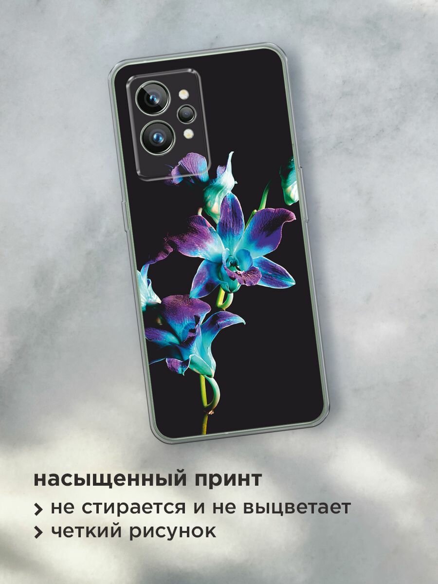 Чехол на Realme GT 2 Pro / Реалми GT 2 Про с принтом "Синий цветок на черном" — фото 1