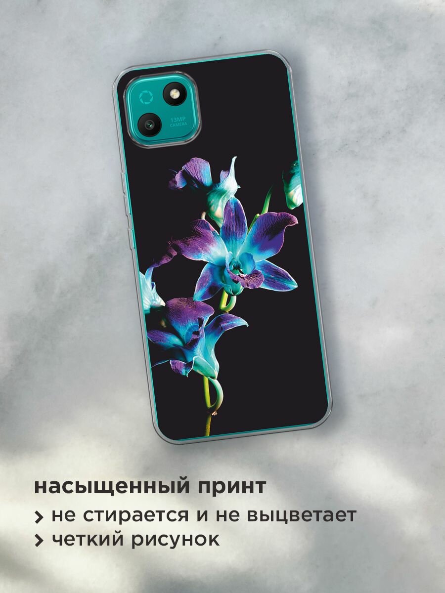 Чехол на Wiko T10 / Вико Т10 с принтом "Синий цветок на черном" — фото 1