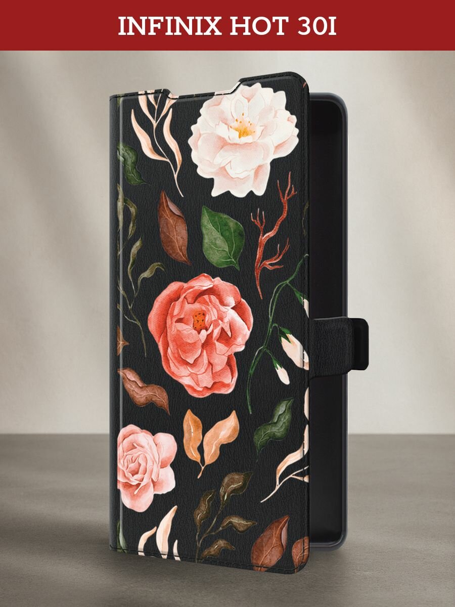 Чехол-книжка на Infinix Hot 30i / Инфиникс Хот 30i с рисунком "Пионы и розы"