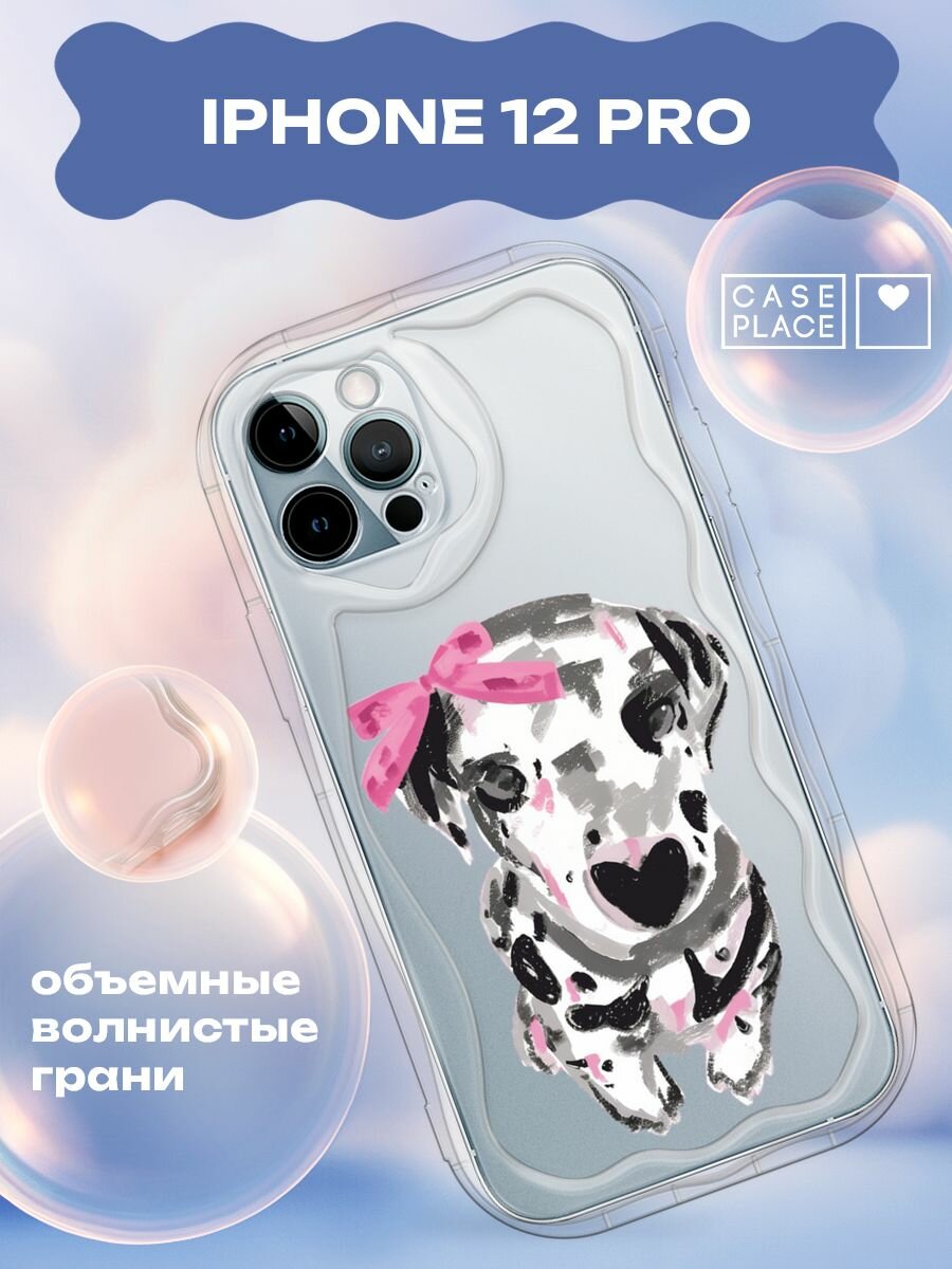 Чехол на Apple iPhone 12/12 Pro / Айфон 12/12 Pro с принтом "Далматинец с бантиком 3"