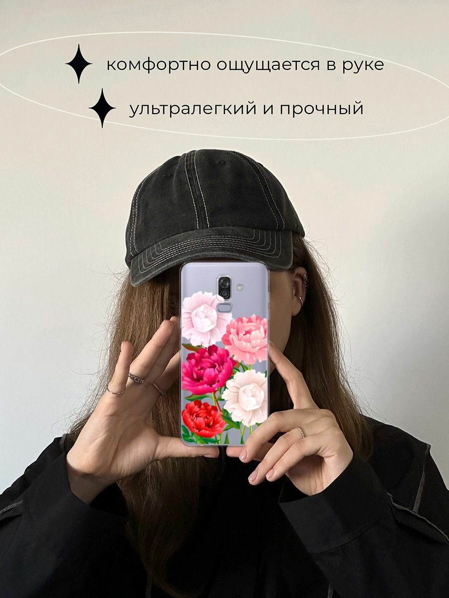 Чехол на Samsung Galaxy J8 / Самсунг Галакси Джей 8 с принтом "Большие пионы", прозрачный — фото 1