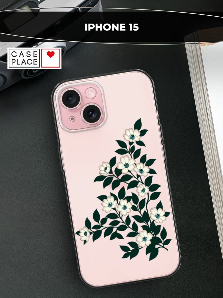 Чехол на Apple iPhone 15 / Айфон 15 с принтом "Цветы с черными листьями"