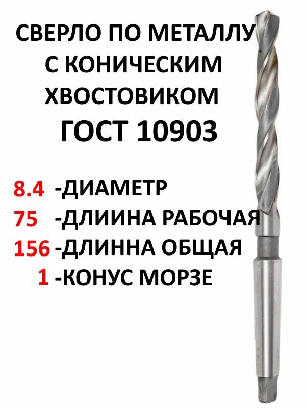 Сверло по металлу 8,4 мм конический хвостовик, средняя серия, ГОСТ 10903-77
