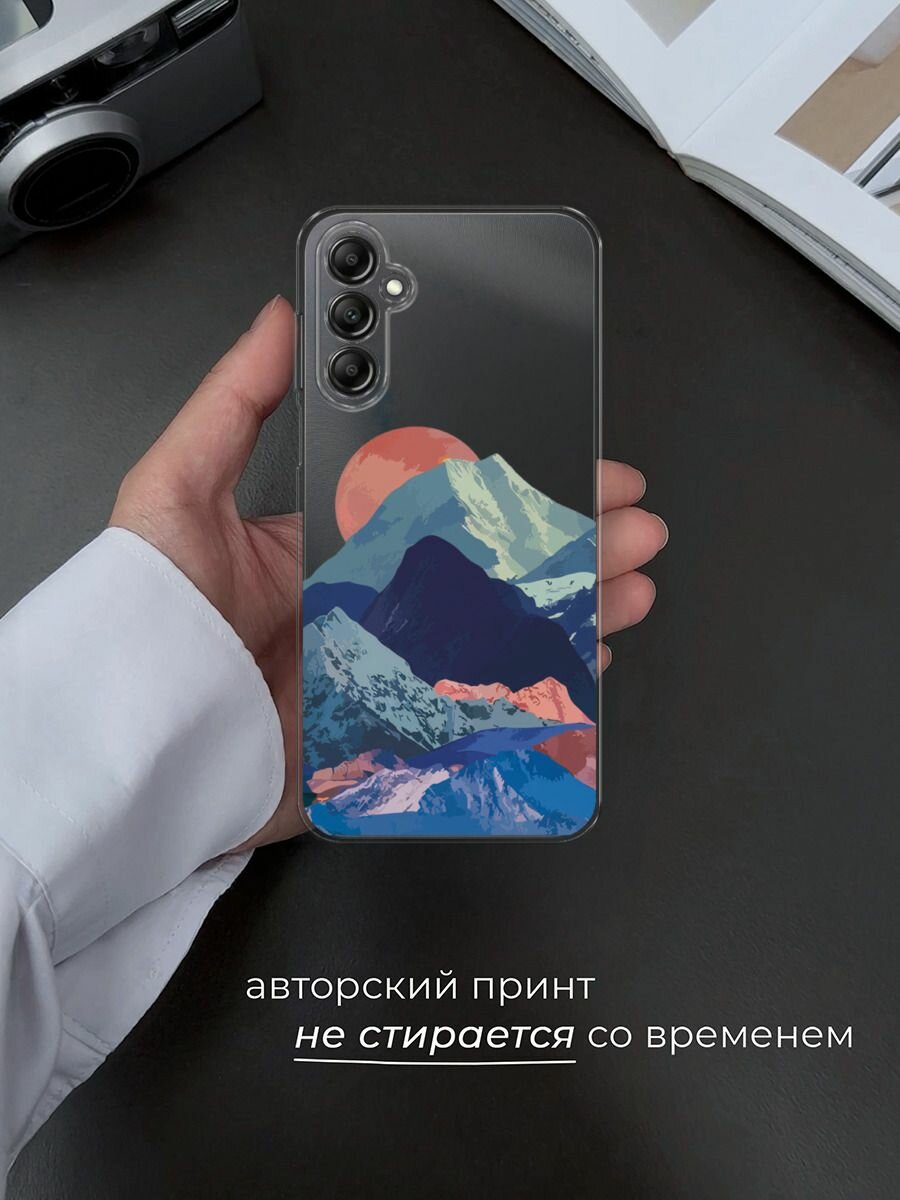 Чехол на Samsung Galaxy A15 / Самсунг А15 с принтом "Закат в снежных горах", прозрачный — фото 1