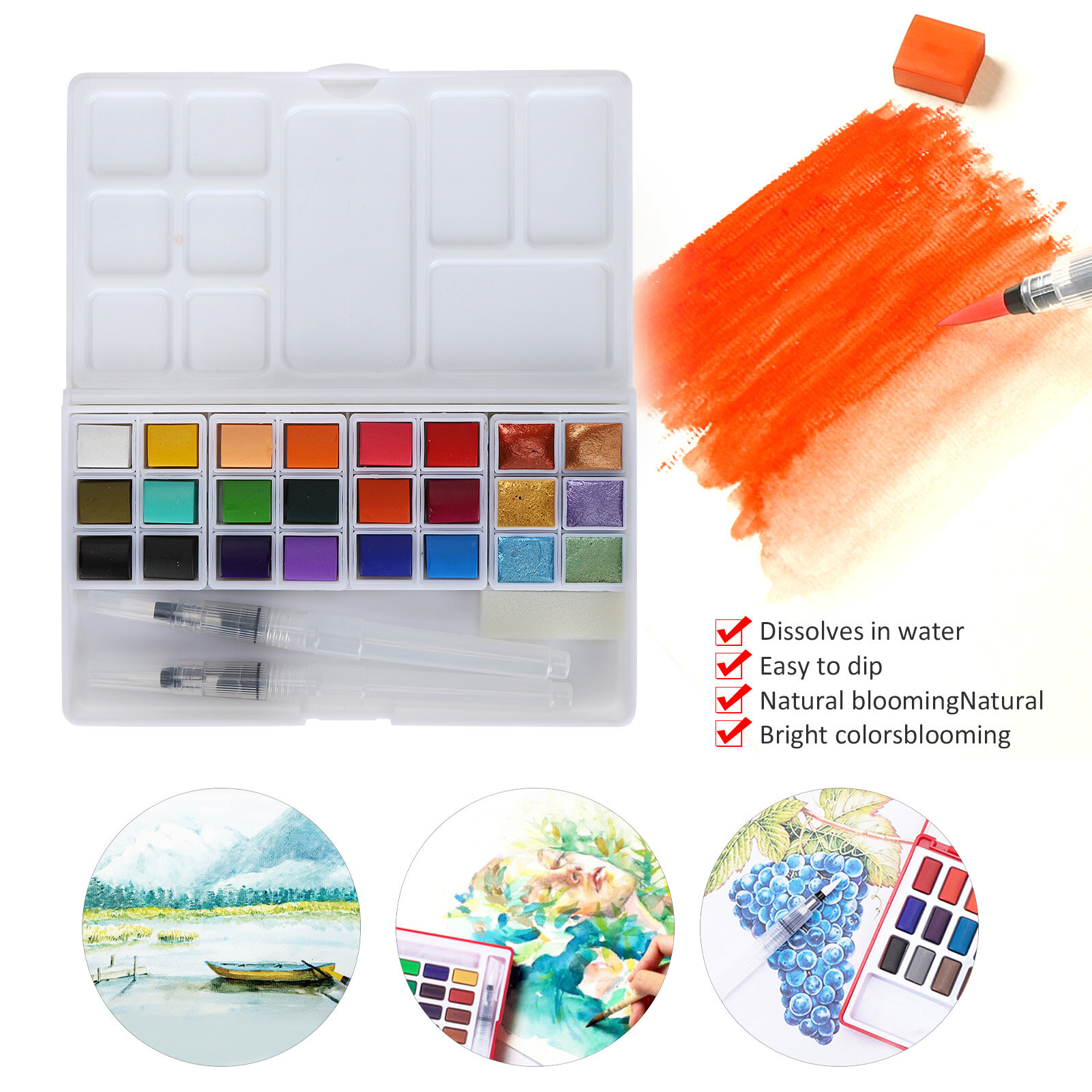 Набор акварельных красок для дома и улицы, яркий цвет, перламутровый акварельный пигмент с коробкой (18 цветов, обычная краска, 6 цветов, перламутровая краска)