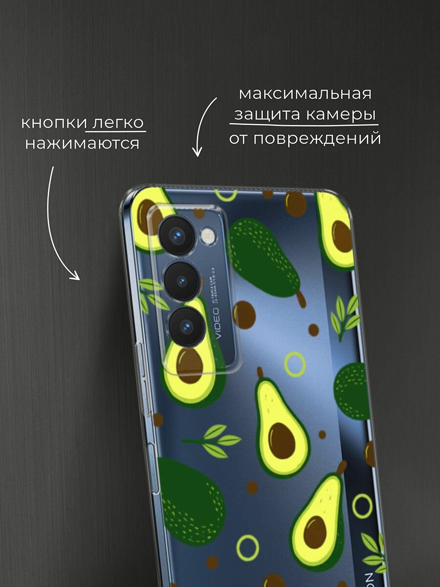Чехол на Tecno Camon 18P / Техно Камон 18Р с принтом "Авокадо паттерн", прозрачный — фото 1