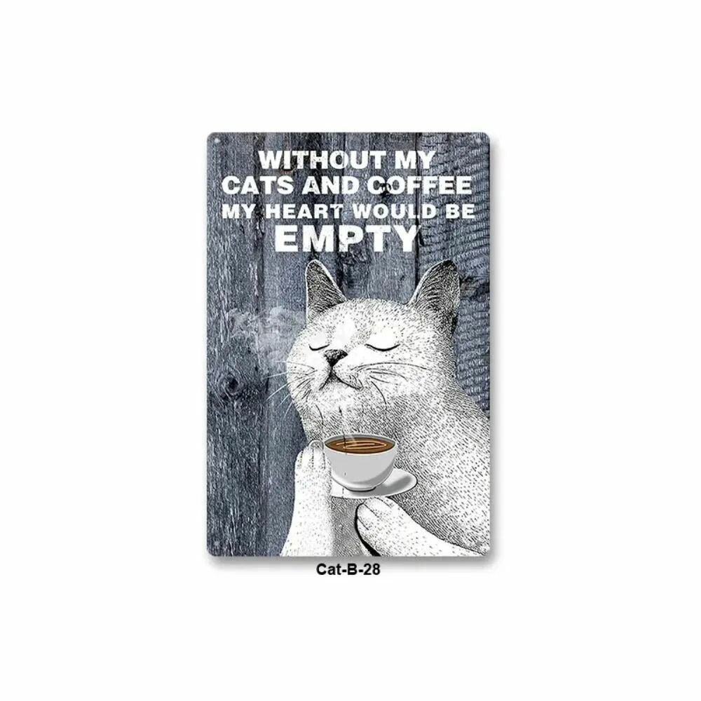 Табличка серый кот "Without My Cats And Coffee", ретро стиль, металл, декор для интерьера, 20х30 см.