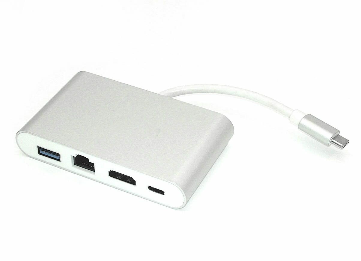 Адаптер(переходник) Type-C на HDMI, USB 3.0 + RJ45 и разъем зарядки Type C.