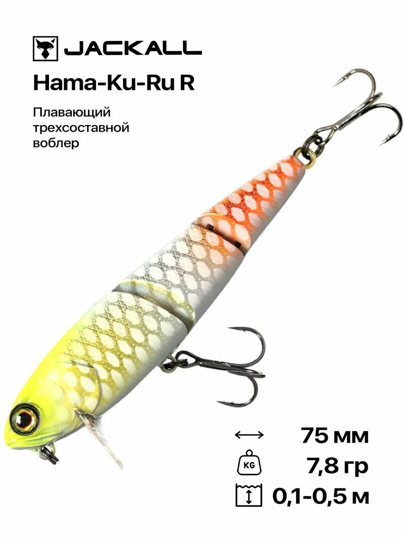 Воблер Jackall Hama-ku-ru R, 75 мм, 7,8 гр, #Albino Chartreuse Piraruku