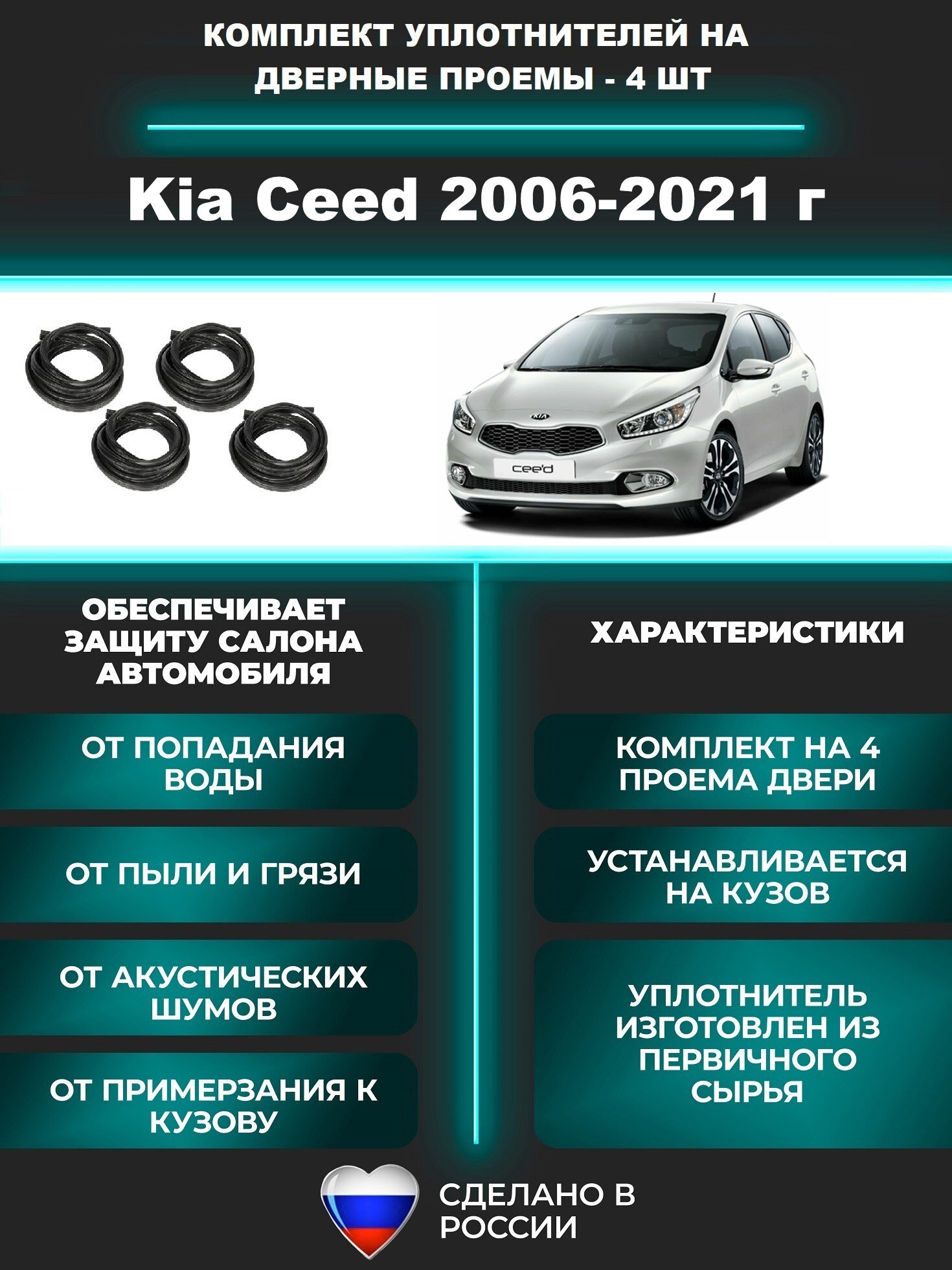Комплект уплотнителей проемов дверей для Kia Ceed 2006-2021 г / Киа Сид (на 4 двери - 2 передние и 2 задние)