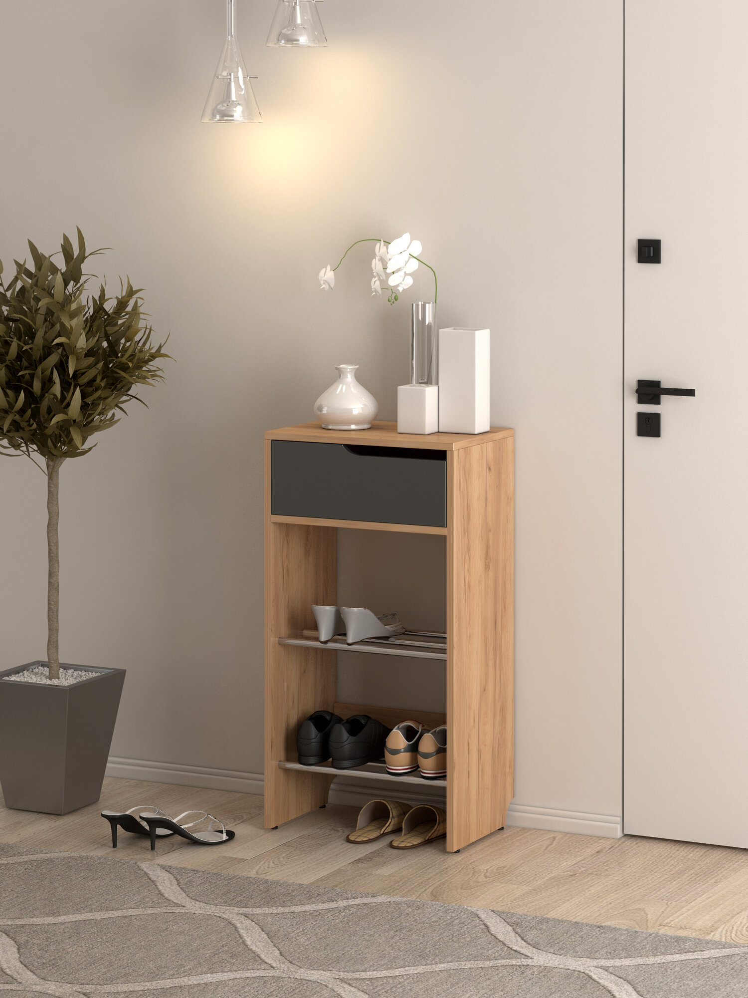 Тумба для обуви открытая с выдвижным ящиком Уют-450 крафт золотой графит